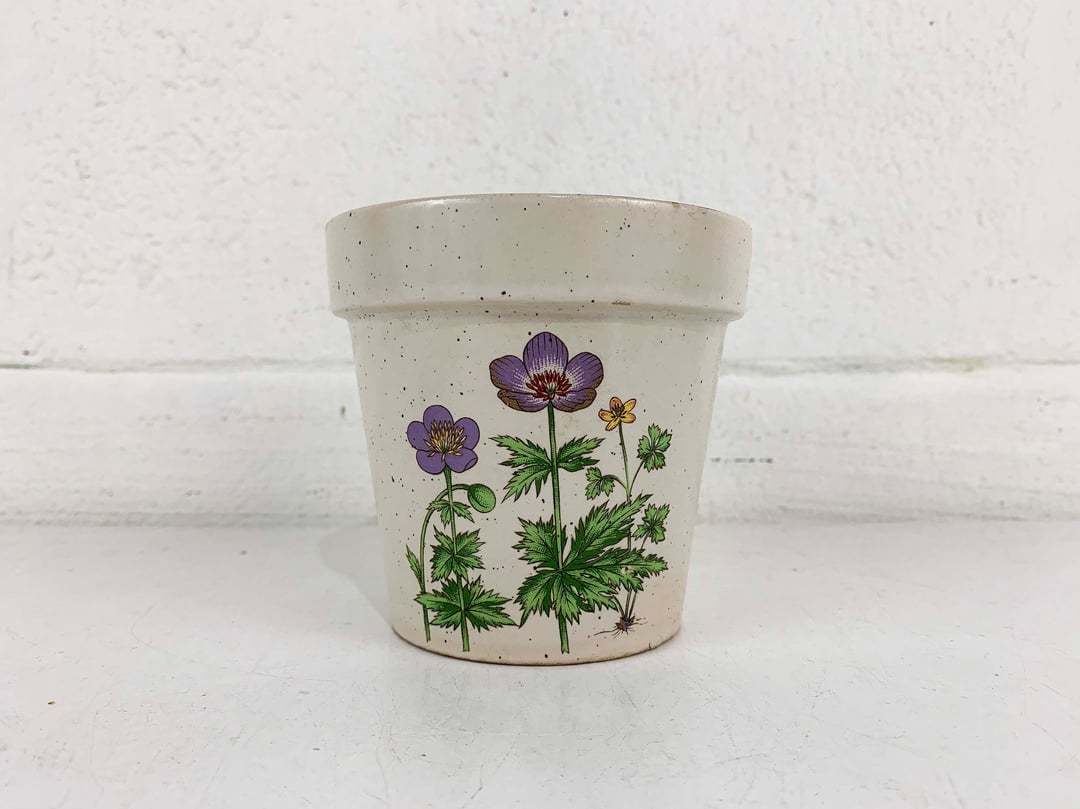 Vintage Gray Speckled Planter Purple Flowers Floral Pottery Pot Indoor ...
