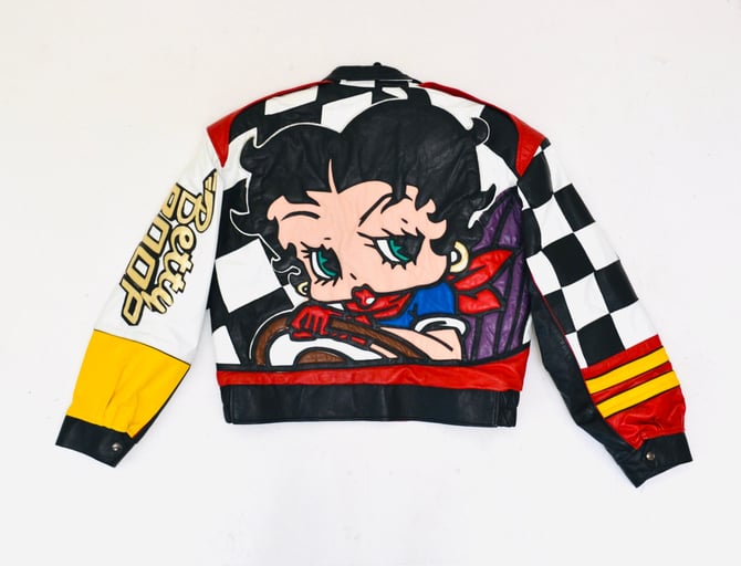 80s 90s Vintage Black Leather Jacket Race Car Betty Boop Jacket// 90s Black Leather Biker ...