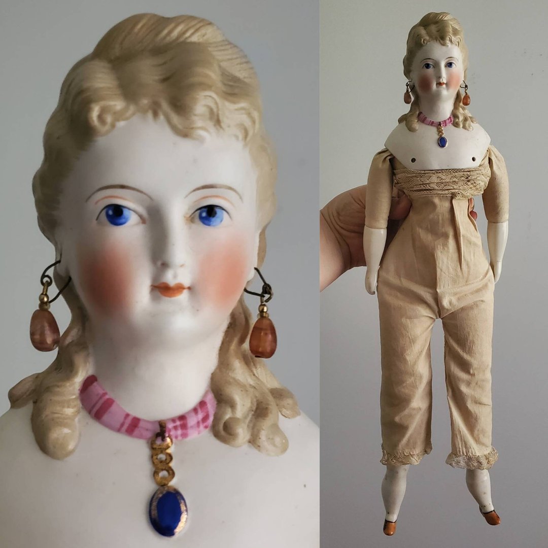 Antique Parian Doll with Ornate Blonde Waterfall Hairstyle and Pierced ...