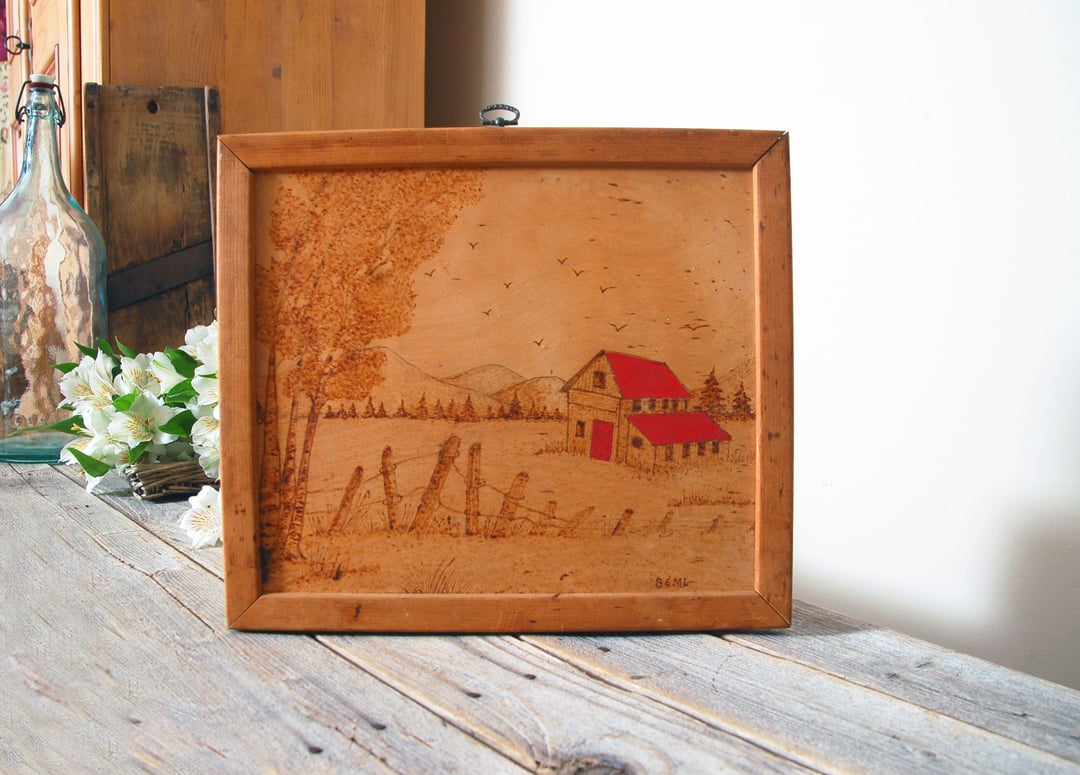Vintage pyrography farm house scene / wood pyrography art / burnt wood ...