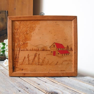 Vintage pyrography farm house scene / wood pyrography art / burnt wood ...