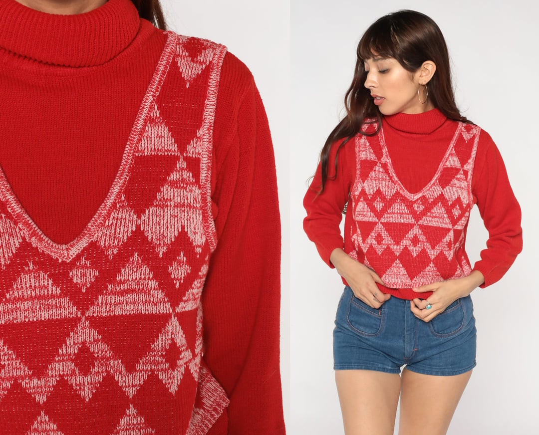 Layered Vest Sweater 70s Red Knit Heart Turtleneck Sweater Retro | Shop ...