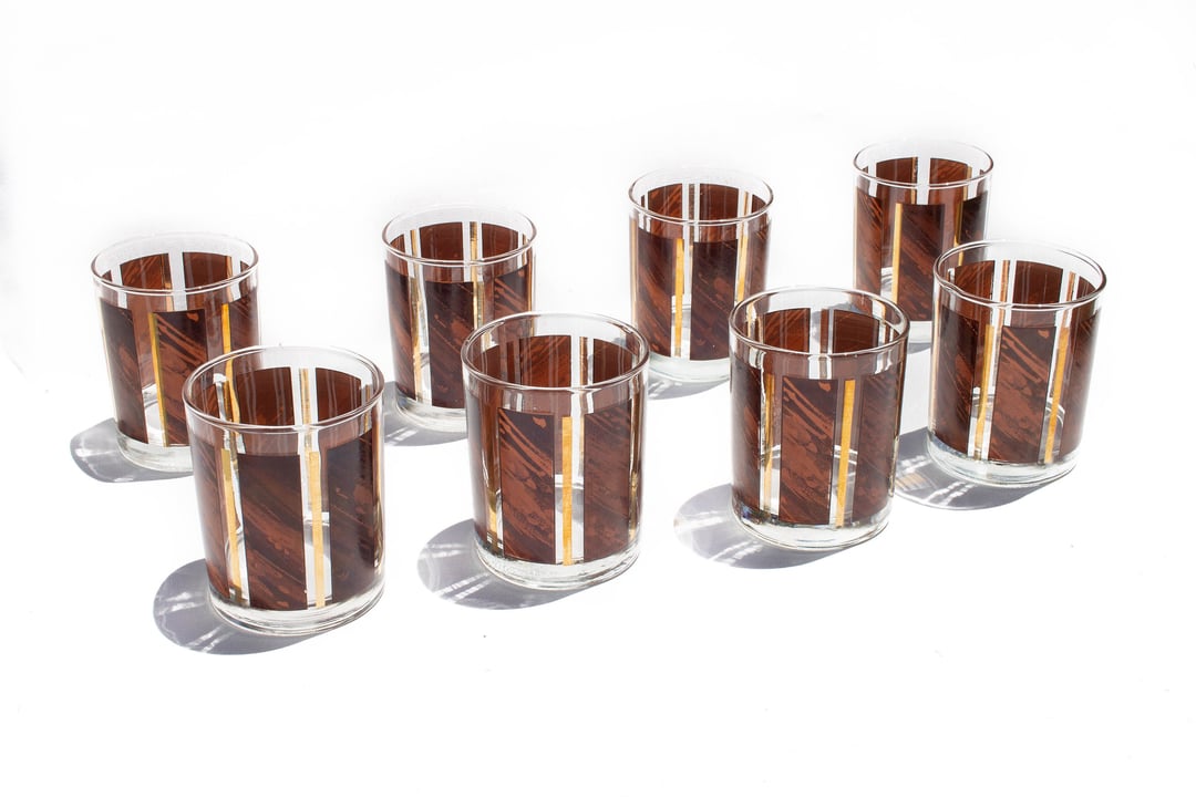 Set of 8 Libbey Brown Wood Grain Gold Stripe Lowball Glasses, | Vintage ...