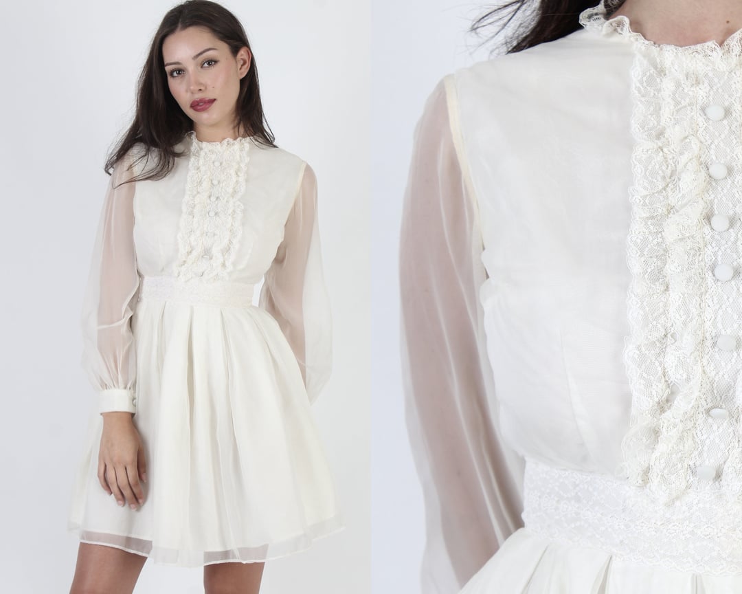 60s Ivory Tuxedo Ruffle Mini Dress / 1960s Plain Mod Ruffly | American ...