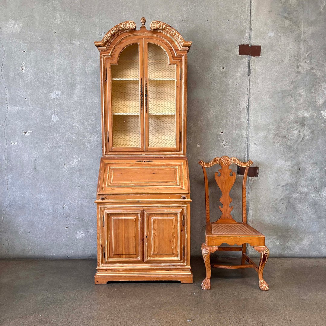 Vintage Carved Secretary Desk With Hutch & Caned Seat Chair | Urban ...