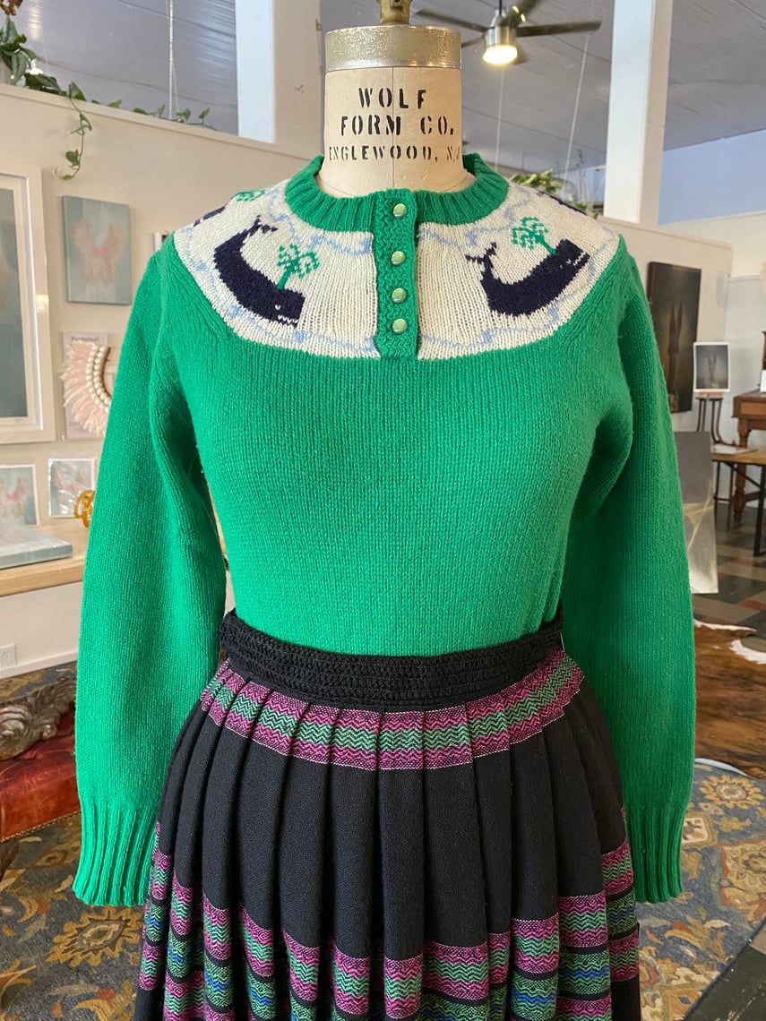 1970s wool sweater, novelty print, green and navy, vintage jumper ...