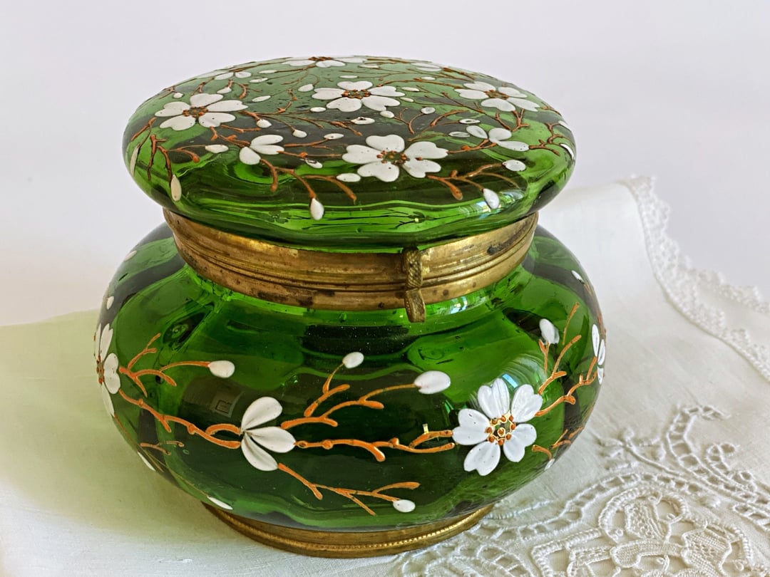Antique Victorian green glass powder box jar, Enameled Bohemian glass ...