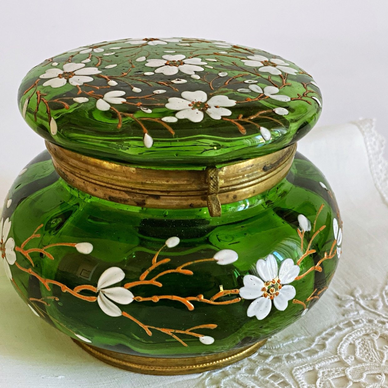 Antique Victorian green glass powder box jar, Enameled | Vintage ...