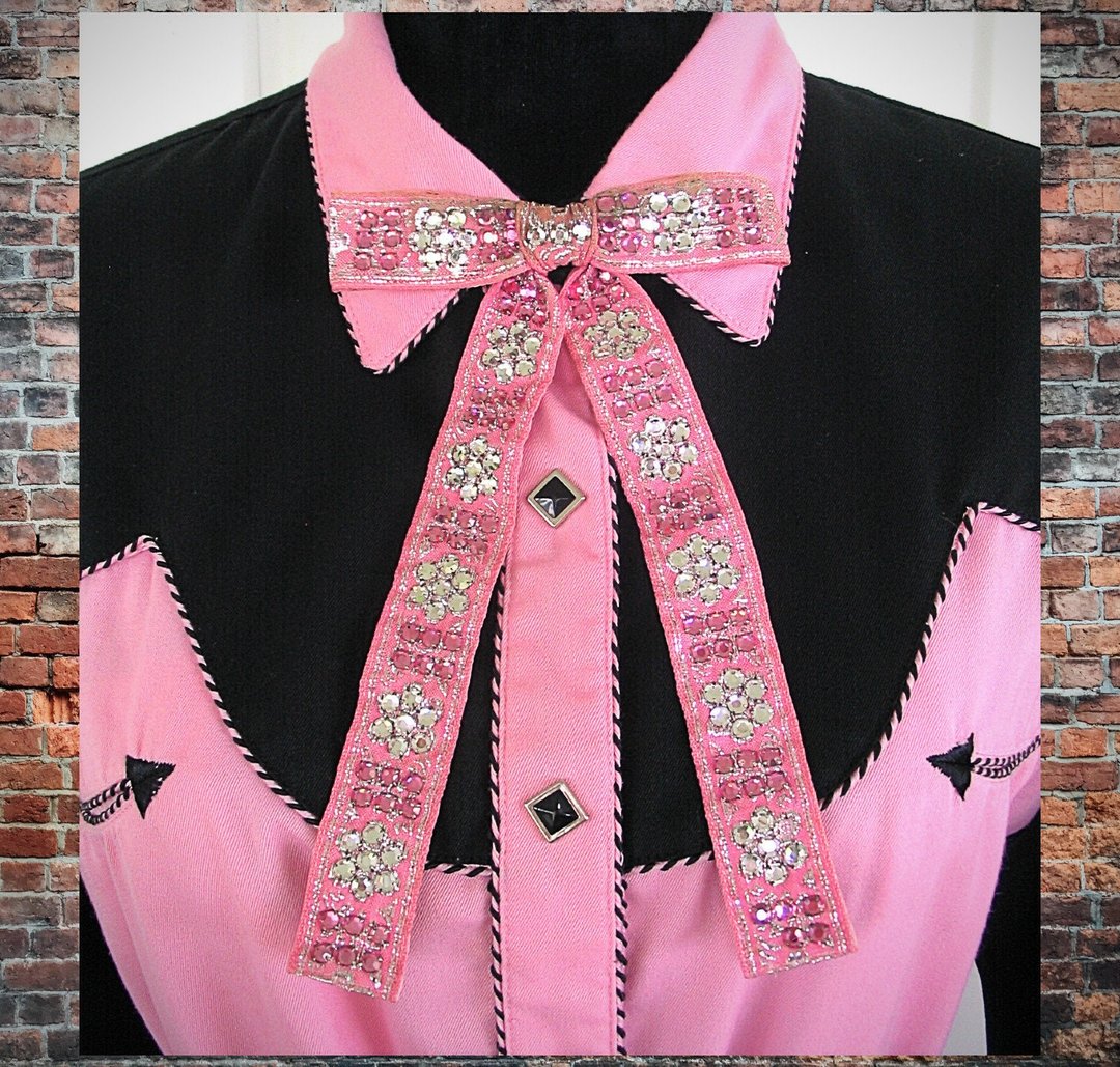 String Tie for Western Shirts, Pink with Clear & Pink Rhinestones ...