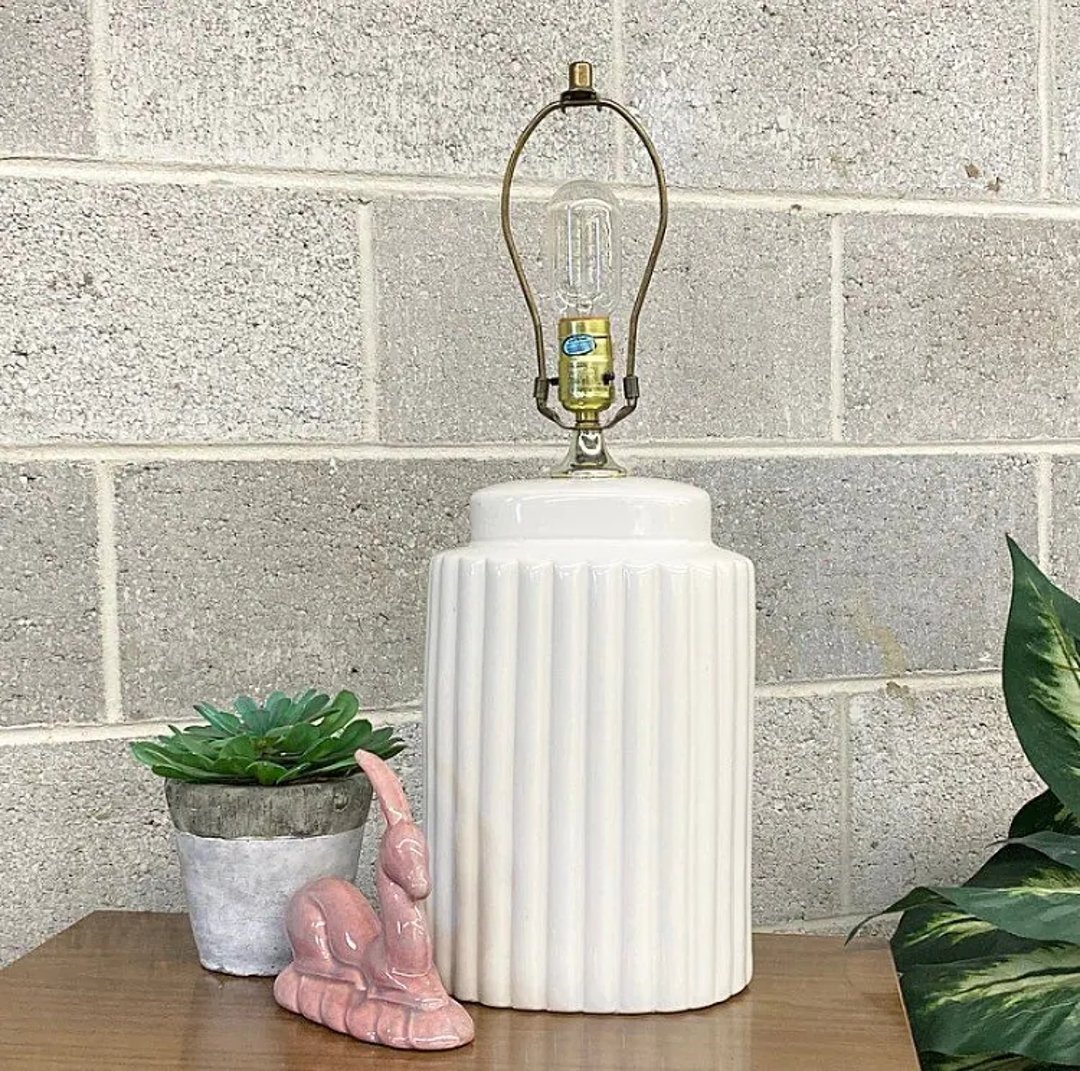 Vintage Table Lamp Retro 1980s Contemporary + White + Ceramic + Fluted ...