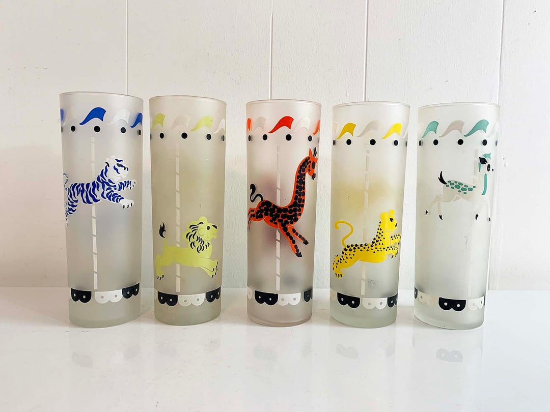 Vintage Tall Frosted Carousel Glasses Libbey Merry Go Round Bar | Check ...