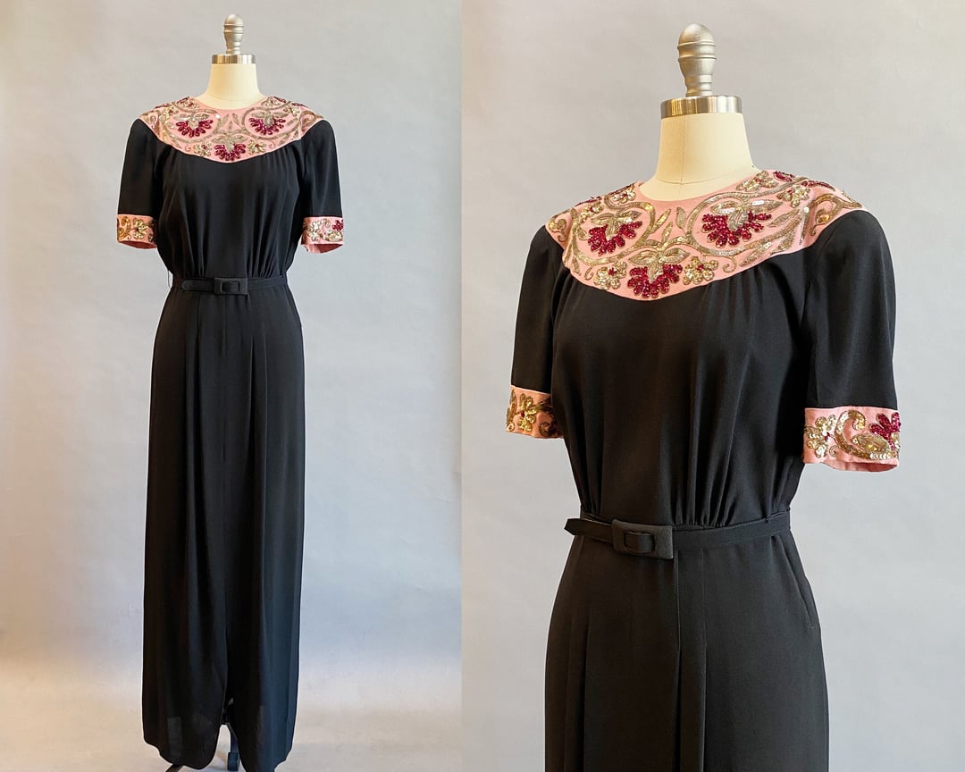 1940s Black Gown / 1940s Sequined Dress / Pink and Black Evening | Off ...