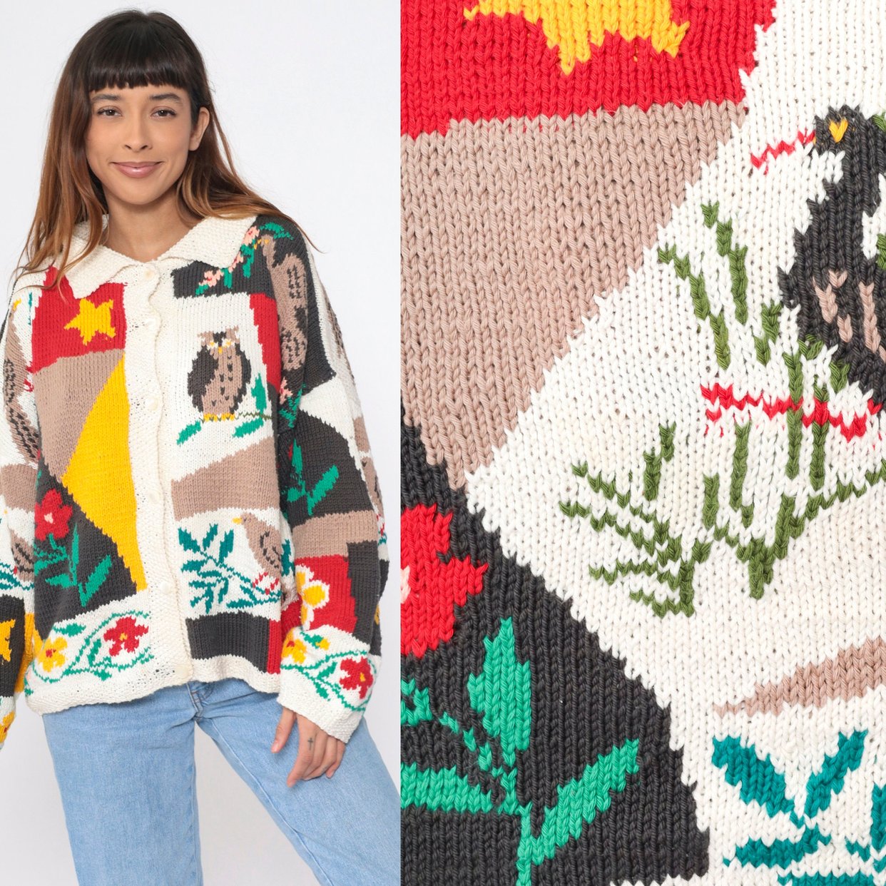90s Bird Cardigan Sweater Owl Flower Patchwork Butterfly | Shop Exile ...