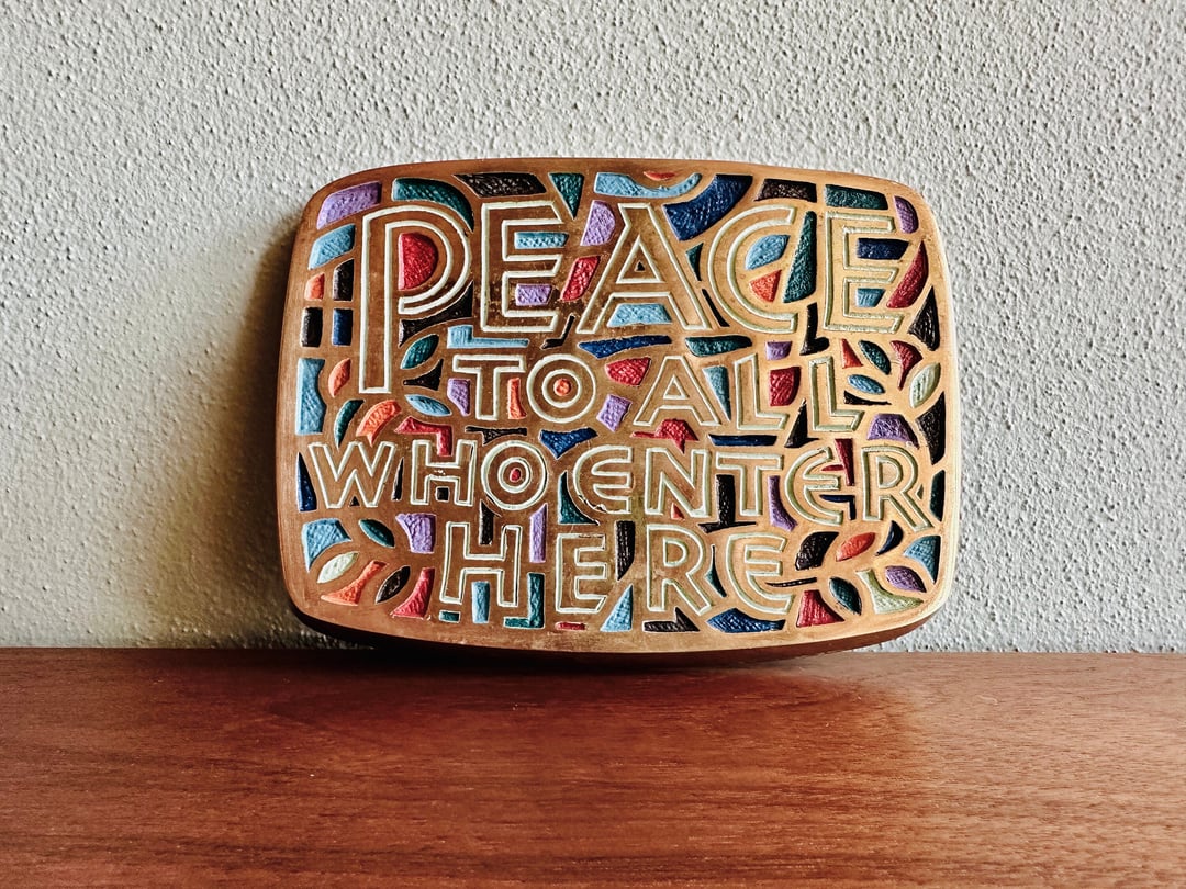 Midcentury "Peace to All Who Enter Here" brass wall plaque ...