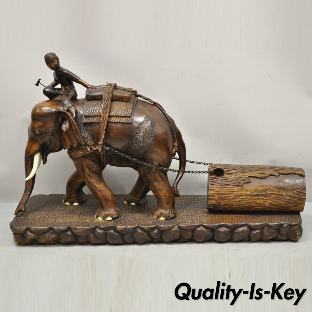 Large Carved Teak Wood Elephant Pulling Log Burmese 45" Sculpture ...