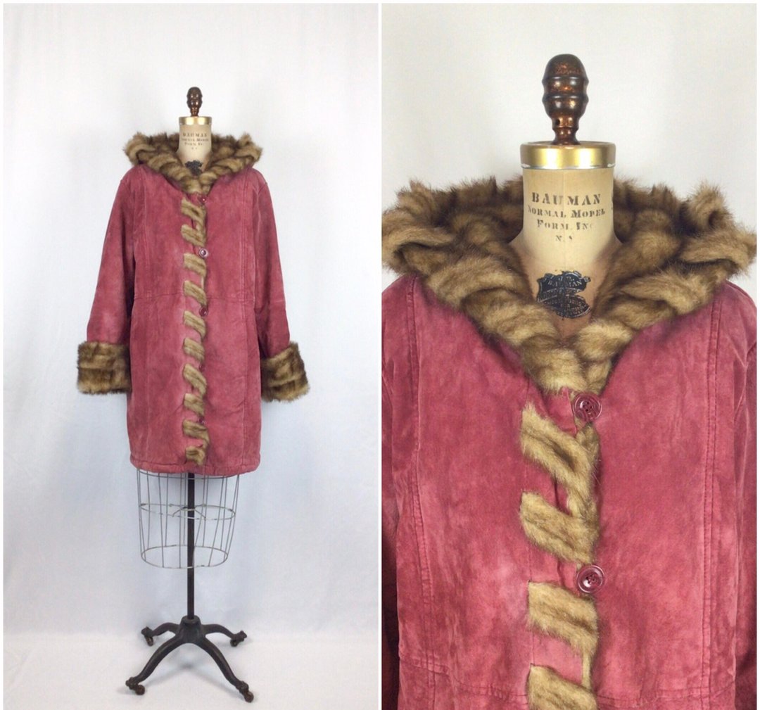 Vintage 90s coat | Vintage raspberry pink suede leather parka | 1990s ...