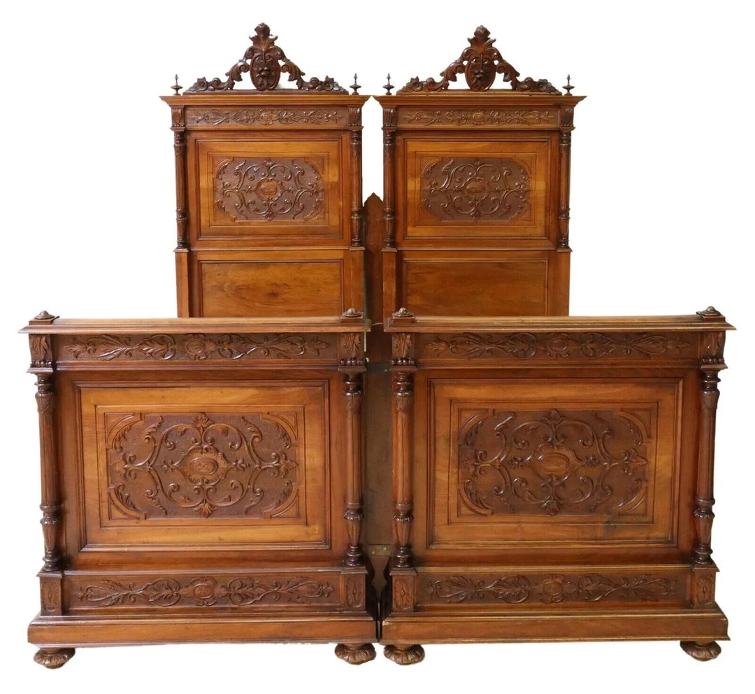 Antique Beds, Italian Renaissance Revival Carved Walnut, (2) Foliate ...