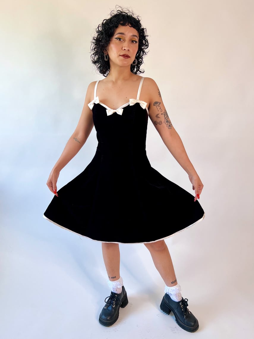 Black Velvet Dress w/ Ivory Trim & Bows | Prototype Vintage | Austin, TX