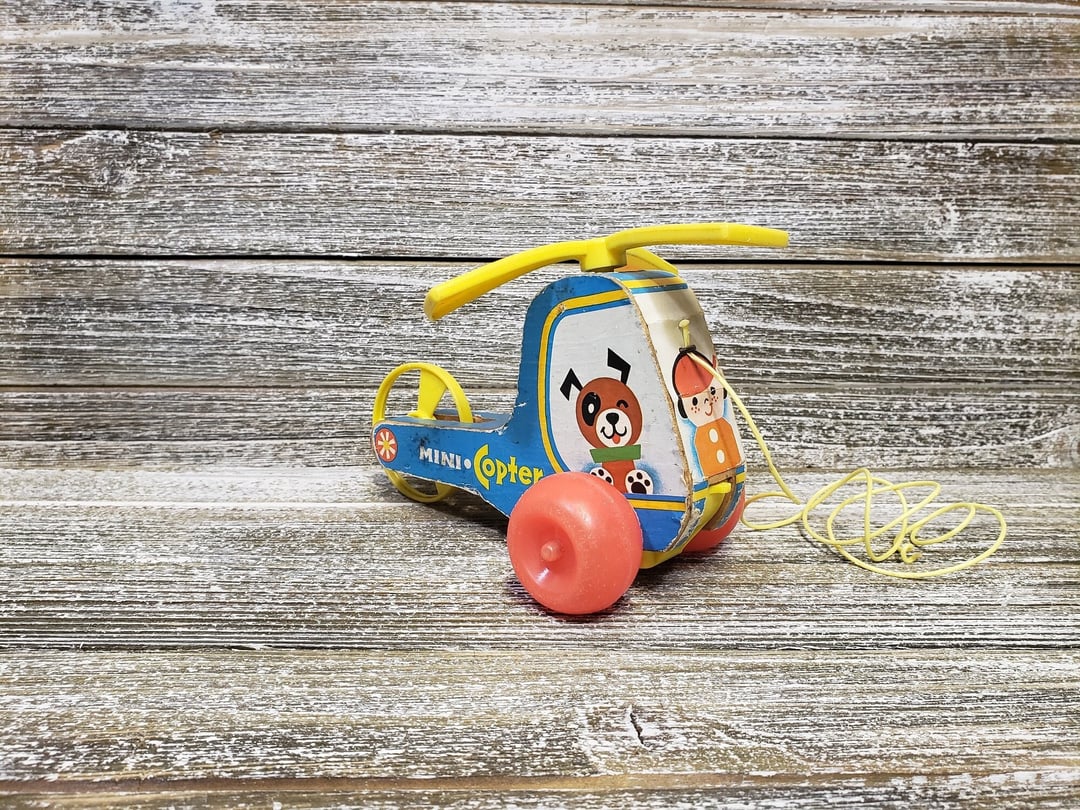 1970s Vintage Fisher Price Mini Copter #448, Helicopter Old Wooden Pull ...