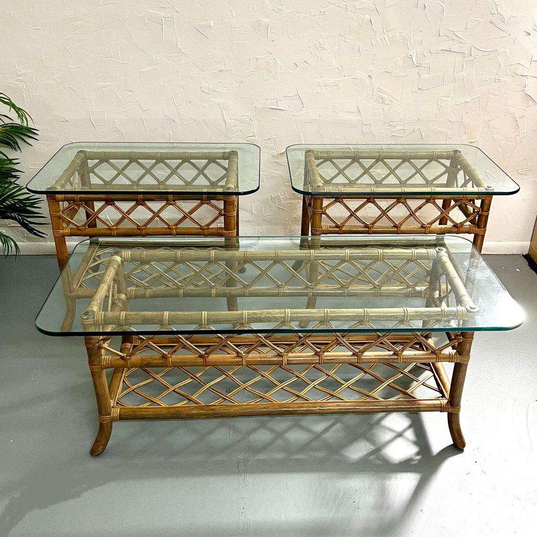Vintage Rattan Table Set | Rattan Coffee Table | Rattan End Tables ...