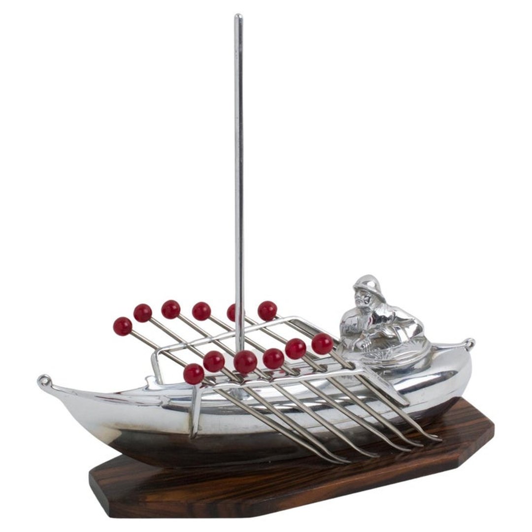French Art Deco Chrome and Macassar Wood Miniature Boat Cocktail | Blue ...