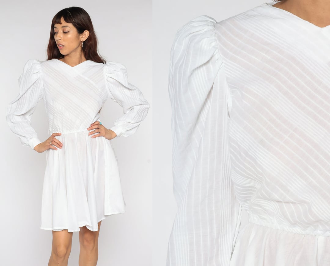 White Puff Sleeve Dress 80s Striped Mini Dress Semi-Sheer High | Shop ...