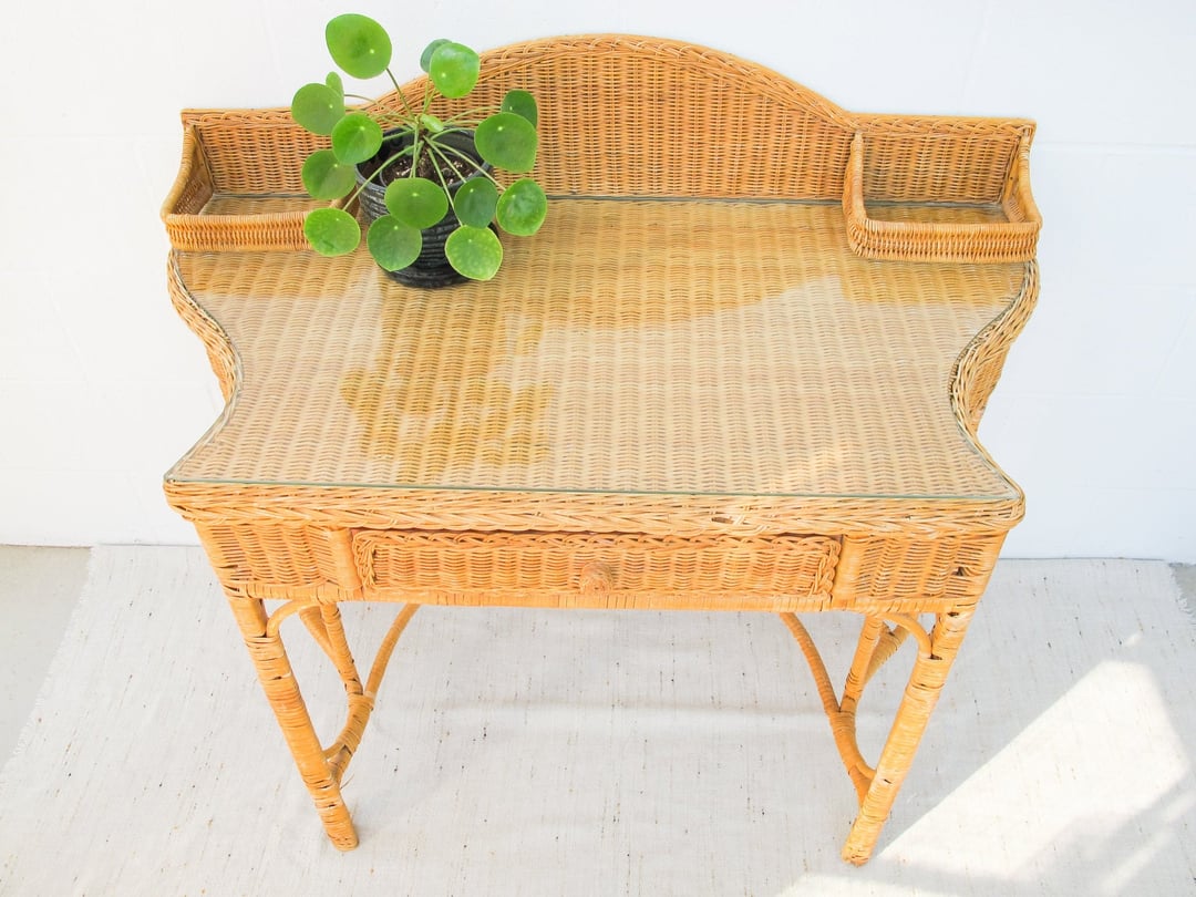 Antique Wicker Vanity with Glass Top and Front Drawer | Portland Revibe ...