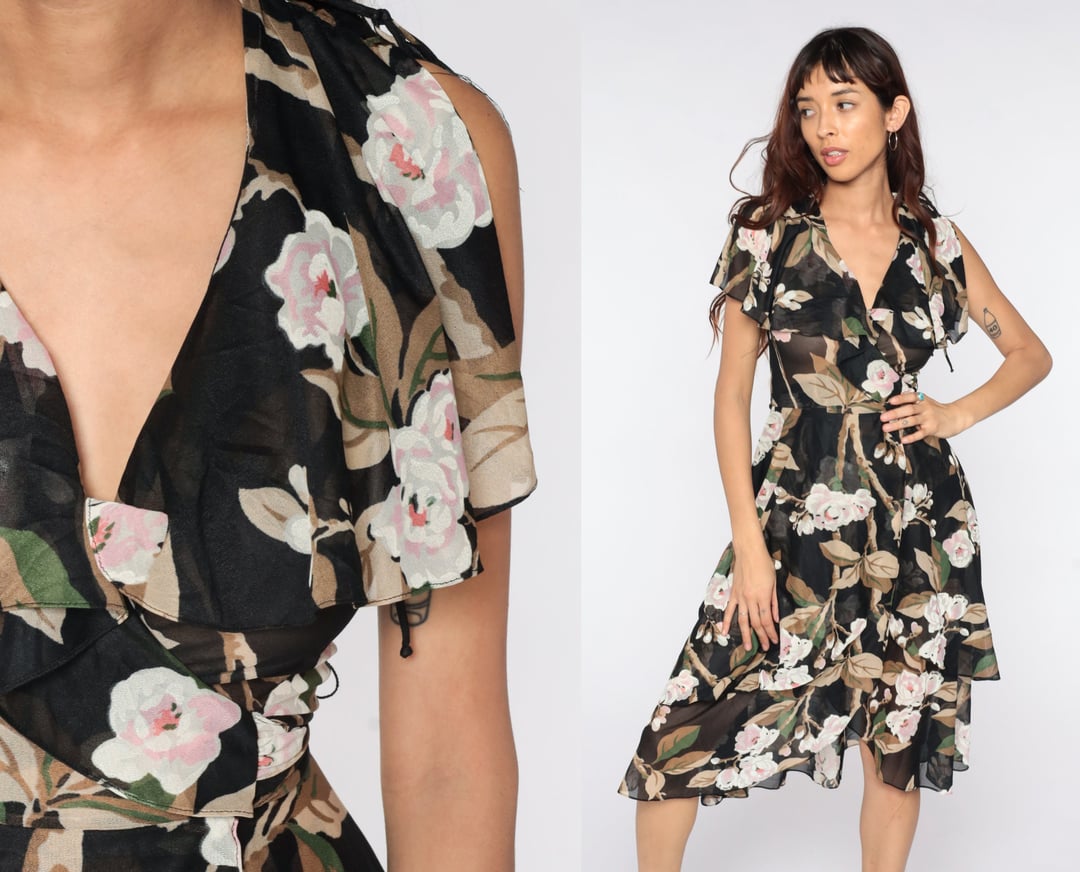 Floral Midi Dress 70s Wrap SHEER Boho Chic Flutter Sleeve 1970 | Shop ...