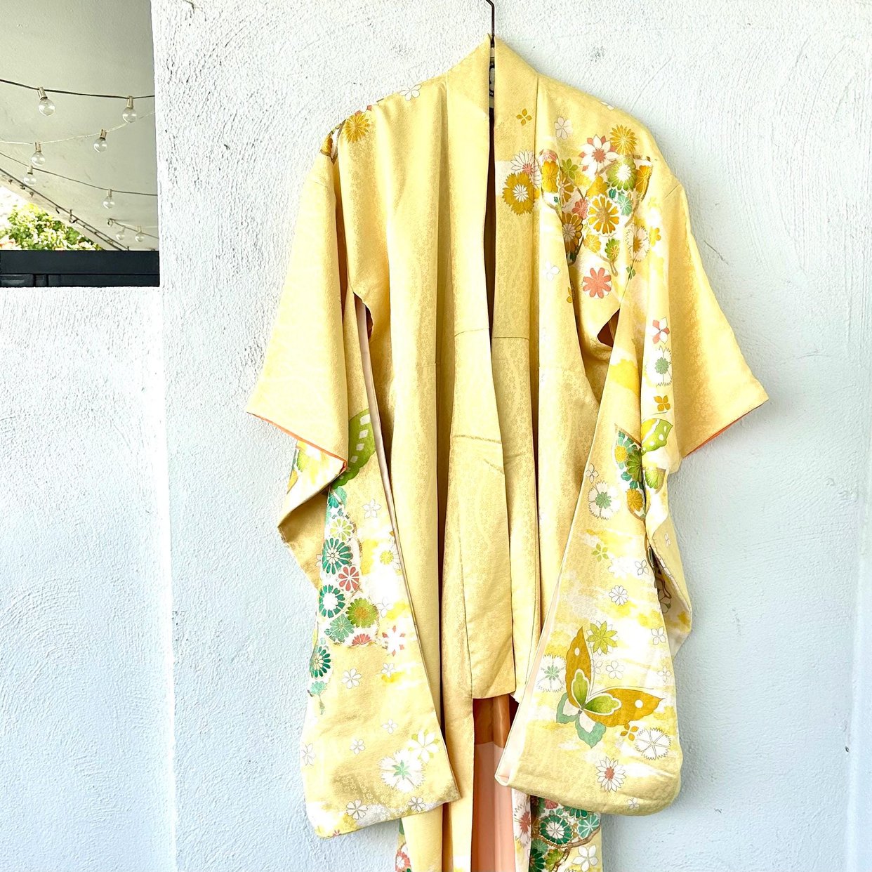 Vintage Japanese Silk Kimono Embroidered Furisode Yellow Butterfly ...