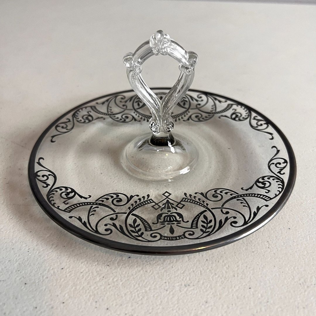 Vintage Lancaster Glass Tidbit Tray Sandwich Server with Sterling ...