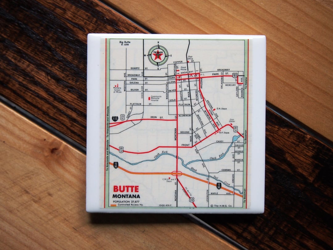 1967 Butte Montana Map Coaster. Montana Gift. Butte Map. Vintage ...