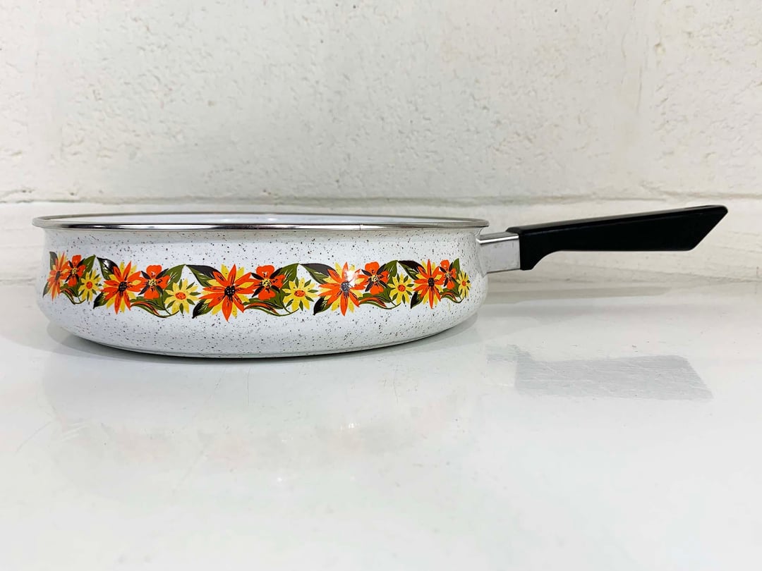Vintage Flower Power Enamel Cookware Pan Flowers Floral MCM Mid-Century ...