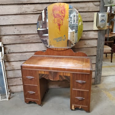 Vintage Dressing Table with Waterfall Edge and Frameless Round Mirror ...