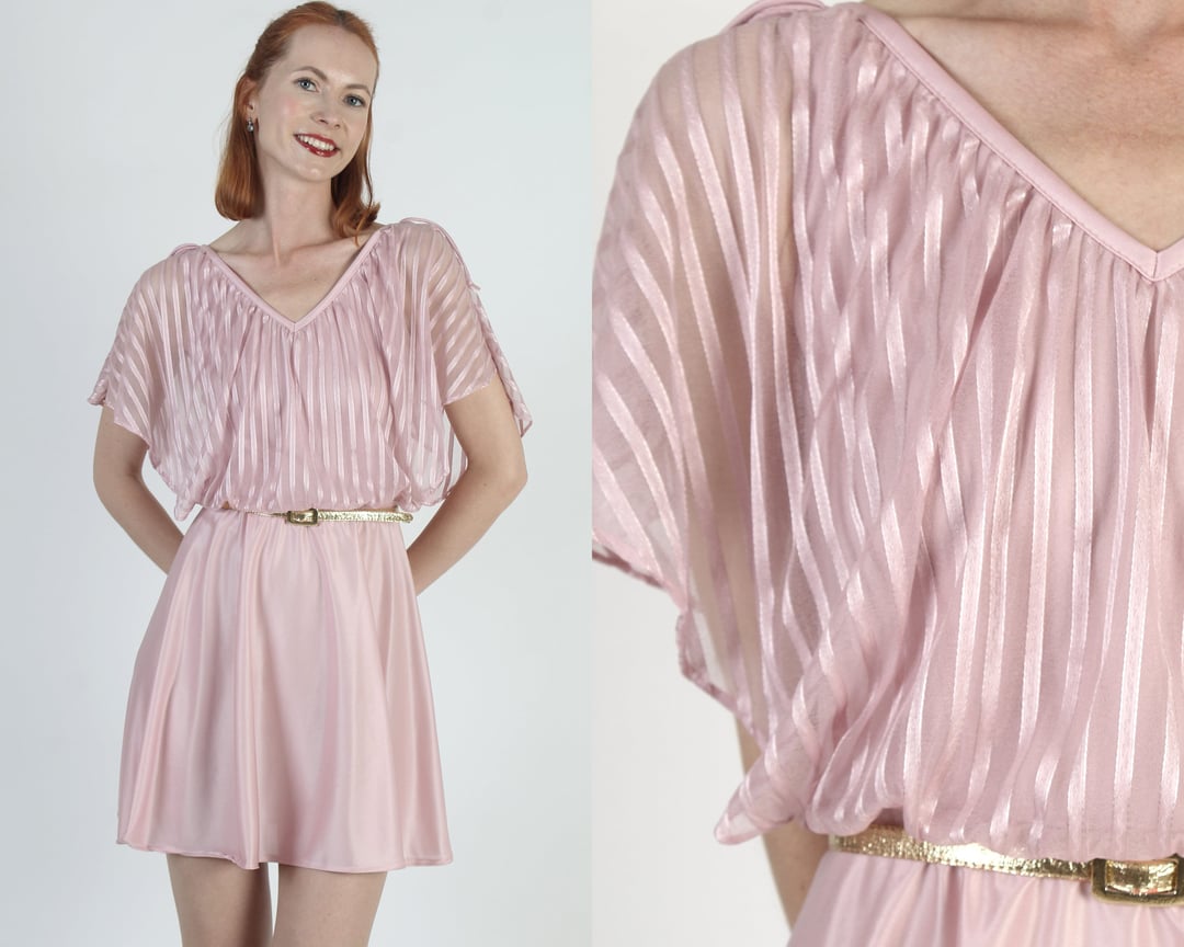 70s Pink Chiffon Mini Dress, Split Flutter Sleeve Sundress, Shoulder ...