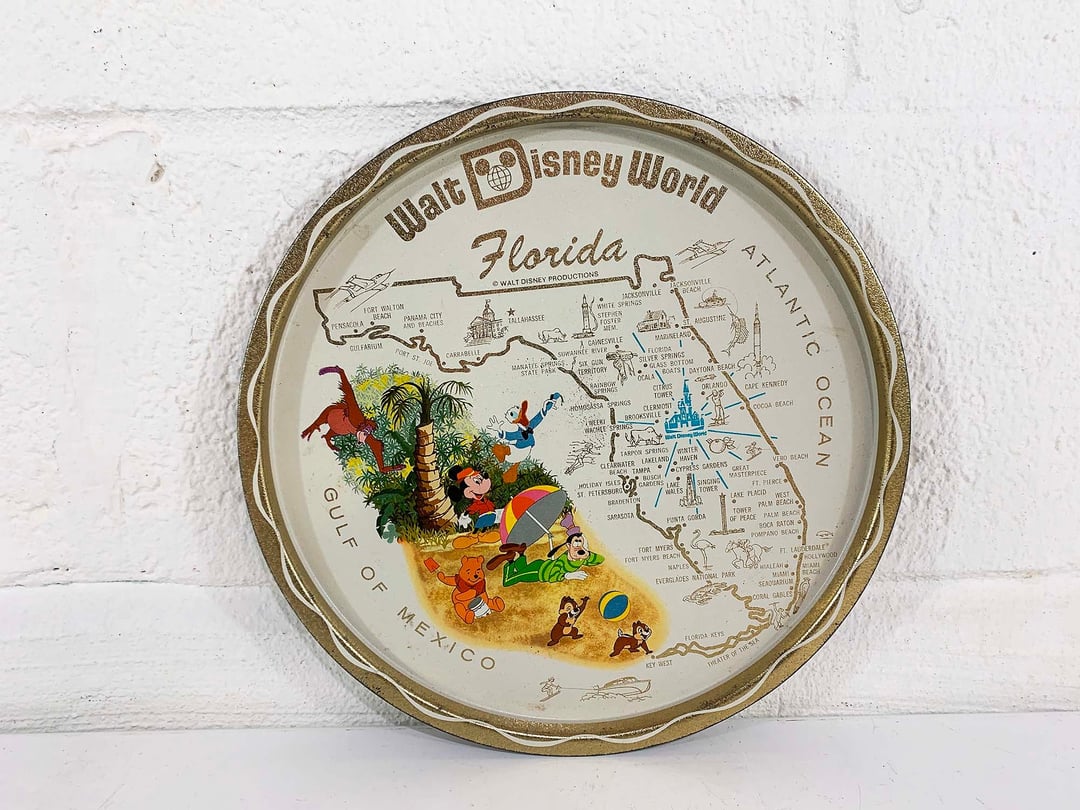 Vintage Metal Florida Drink Tray Plate Souvenir Retro Round Walt ...