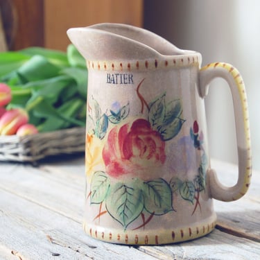 Vintage batter pitcher / painted floral stoneware pitcher / pancake ...