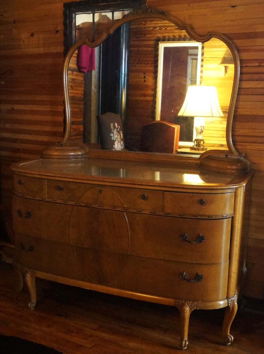 Blonde Rounded Dresser w Glass Top and Large Mirror | Salvage One ...