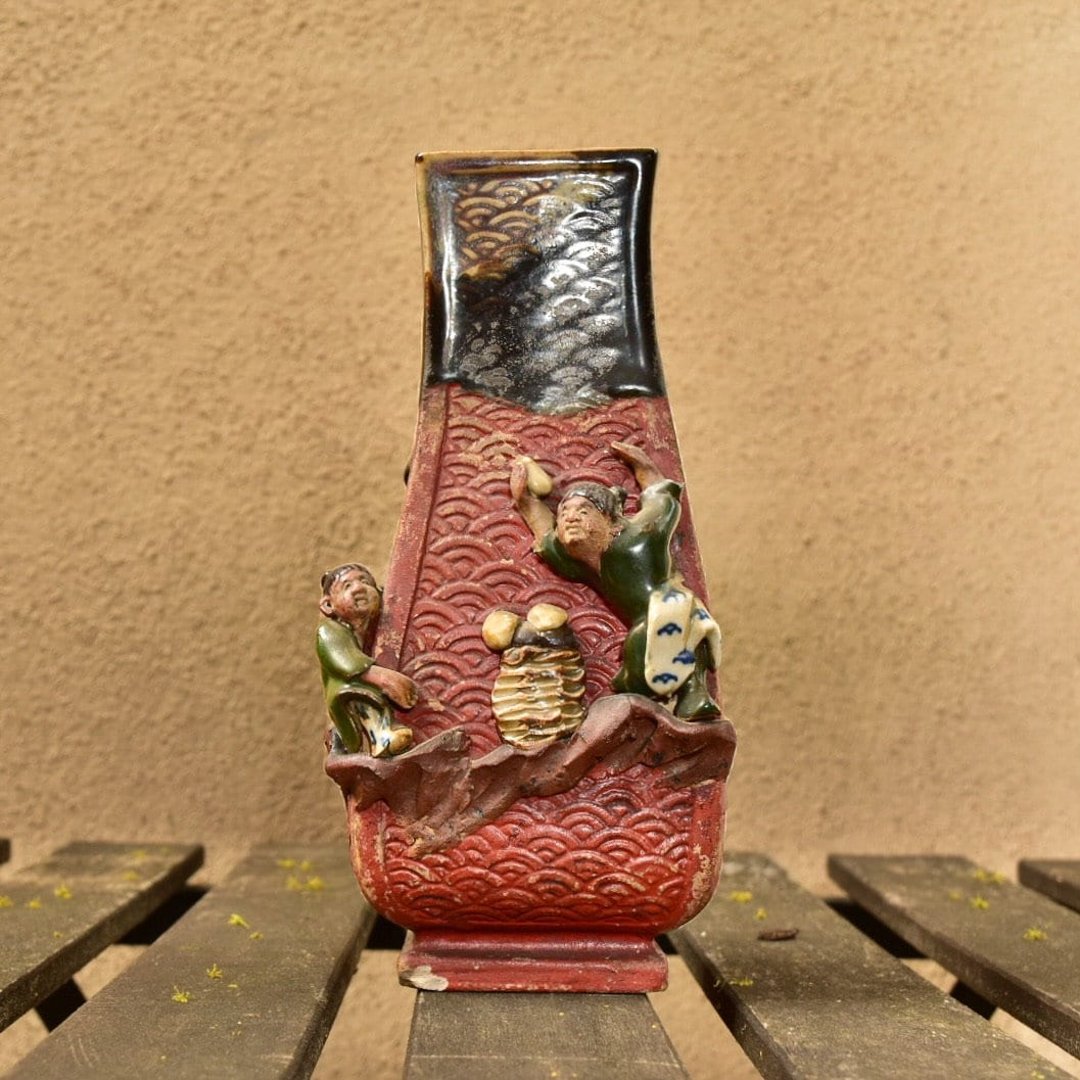Antique Hand-Carved Fish Scale Chinese Ceramic Vase, Glazed Ceramic ...