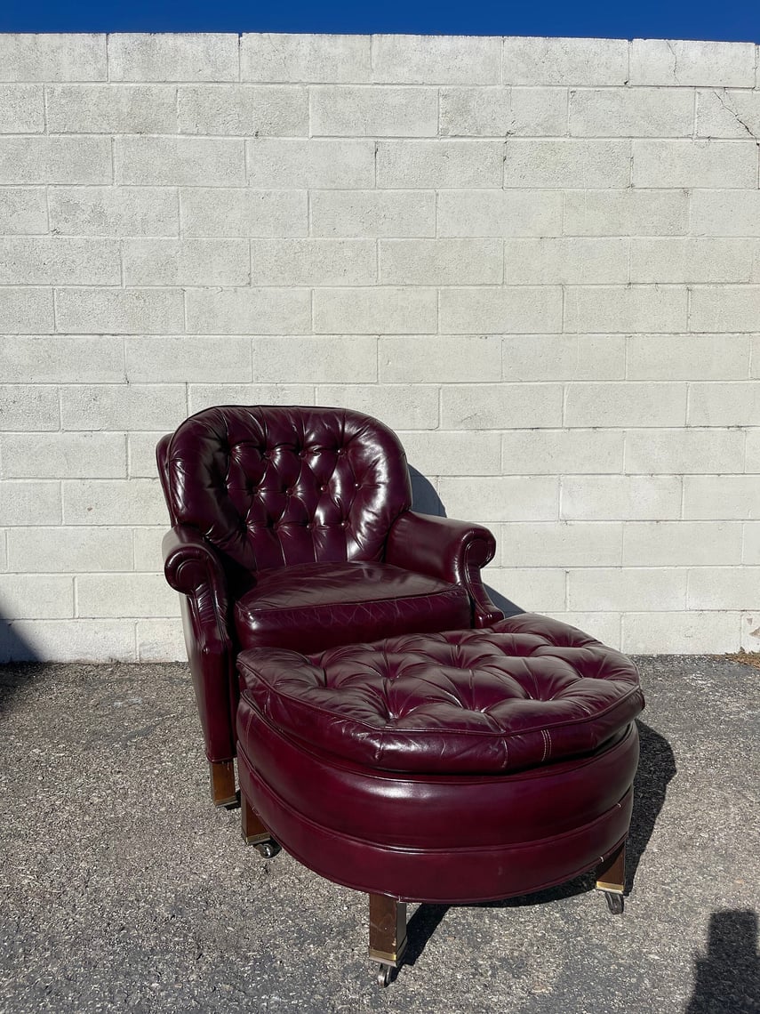 Handsome Tufted Leather Lounge Chair Armchair Matching Ottoman Footrest ...