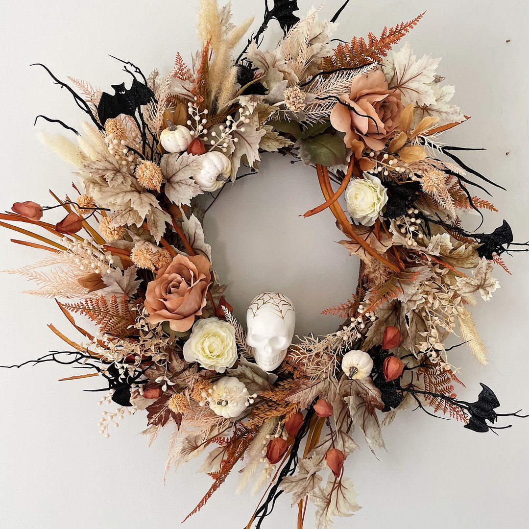 Spooky Chic Boho Halloween wreath with bats, pumpkins and skull, | Nova ...