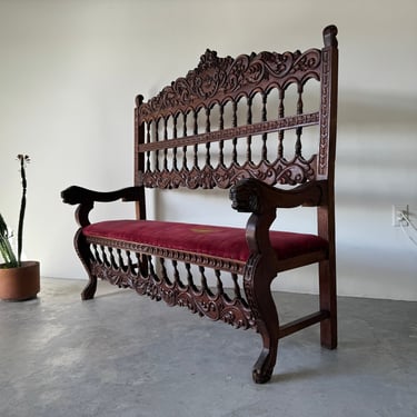 Vintage Spanish Colonial - Style Carved Mahogany Wood Hall Bench ...