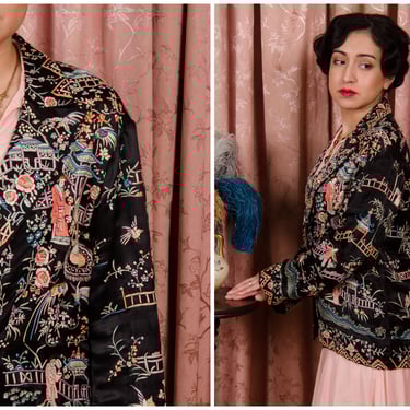 1920s Jacket - Incredible Embroidered Silk Chinese Scenic 1920s Jacket - Incredible Embroidered Silk Chinese Scenic