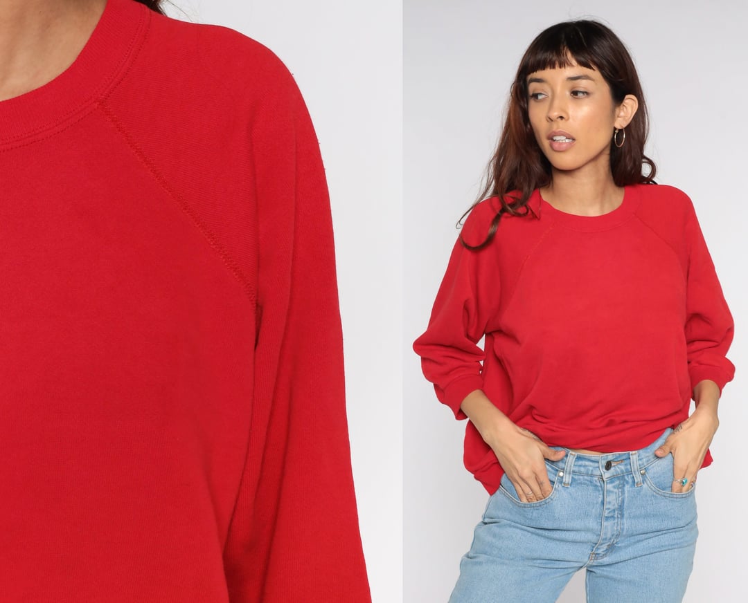 Red Raglan Sweatshirt 80s Crewneck Sweater Plain 3/4 Sleeve Shirt ...