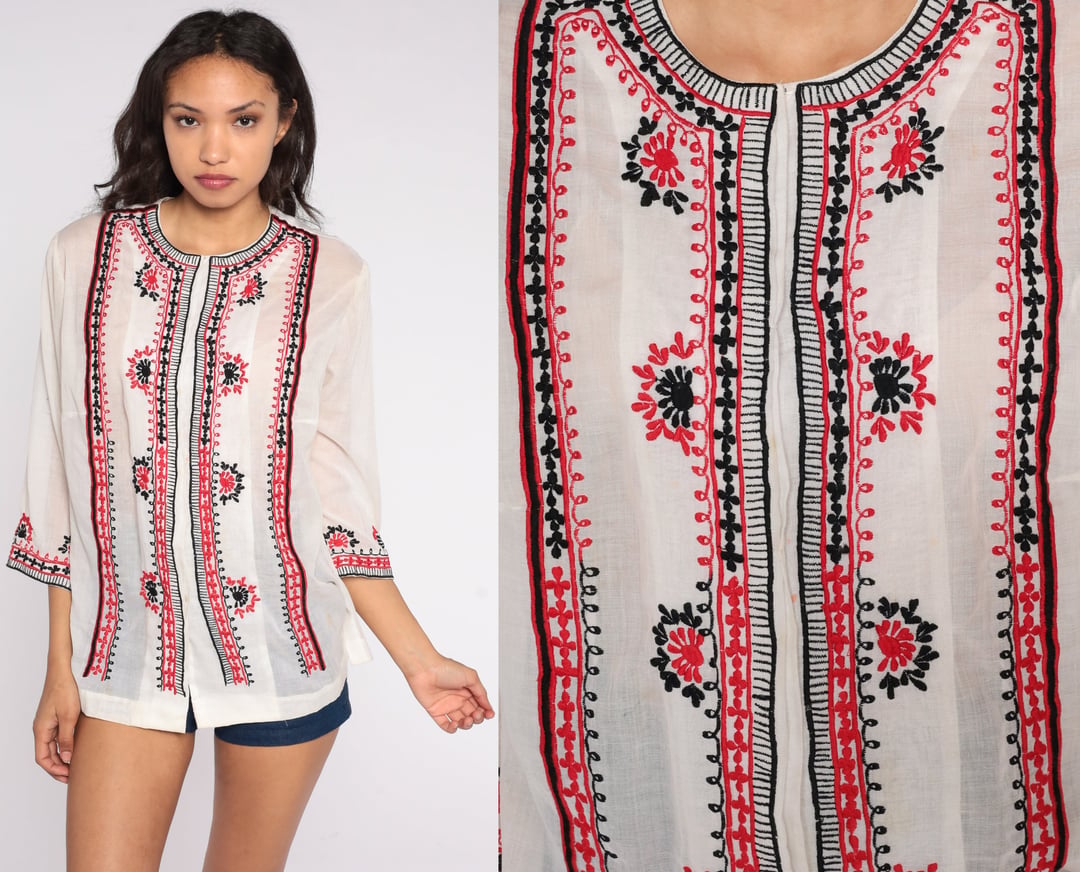 Sheer Embroidered Top Bohemian Blouse Cotton Boho Shirt 90s Filipino ...