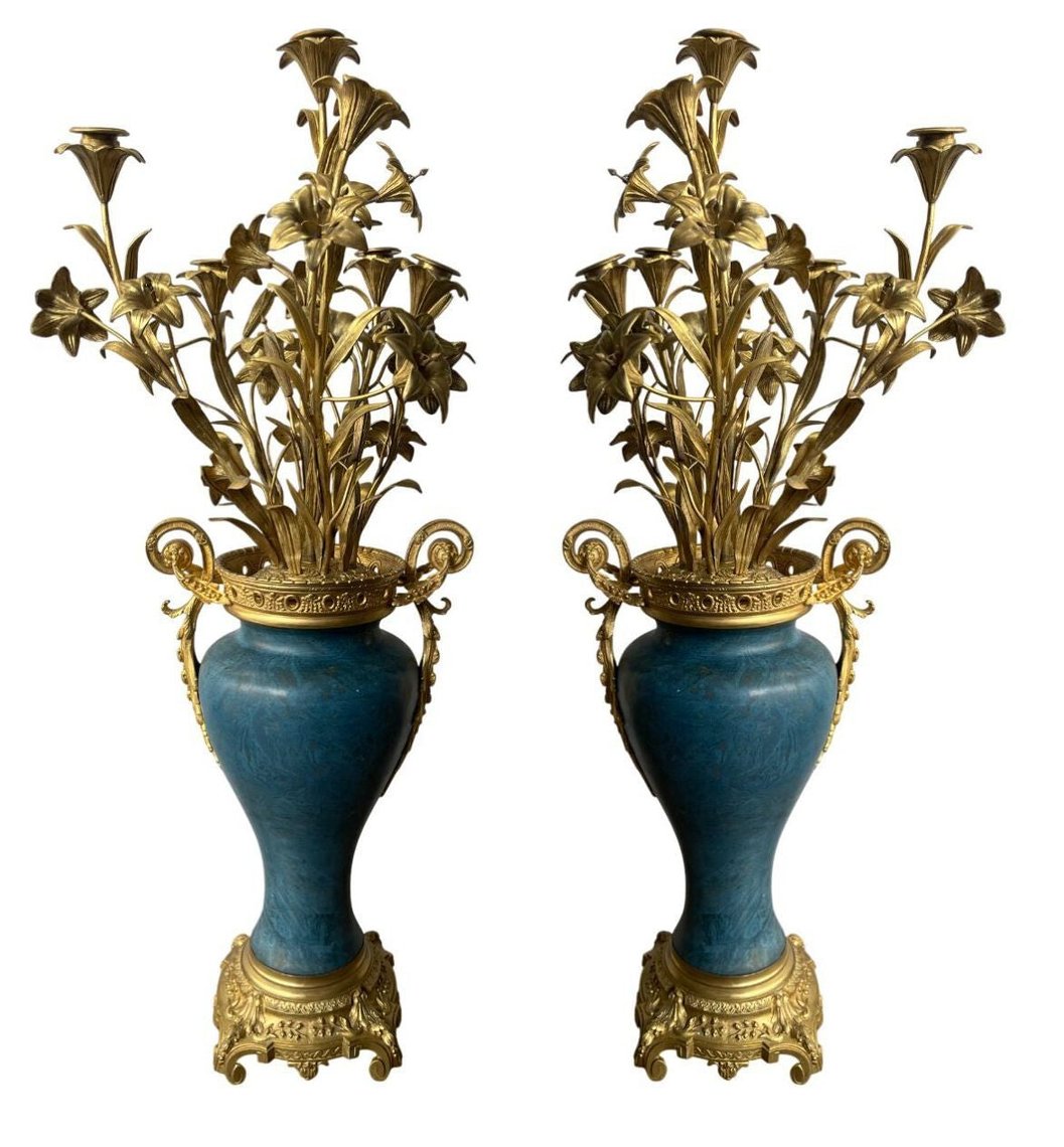 Pair 19th C. French Bronze Candelabra Carved Blue Stone with | Pegaso ...