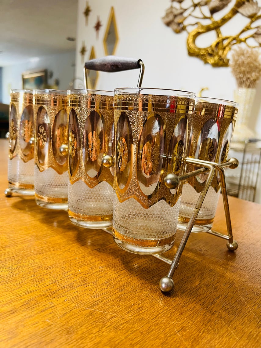Mid Century Culver Gold Bar Glassware Set with rack | OrWa Designs ...