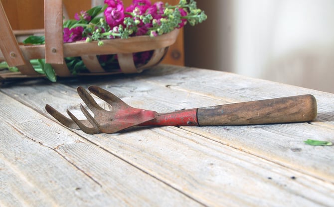 Vintage hand rake / garden hand fork / vintage gardening tool / 5 tined ...
