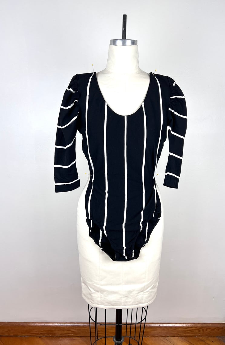 Vintage 80s Workout Leotard / Puffy Sleeves Black White Striped ...