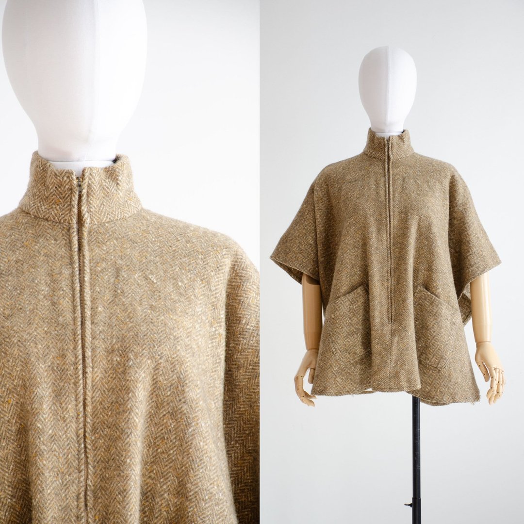tweed wool cape 60s vintage Pendleton brown herringbone wool capelet ...