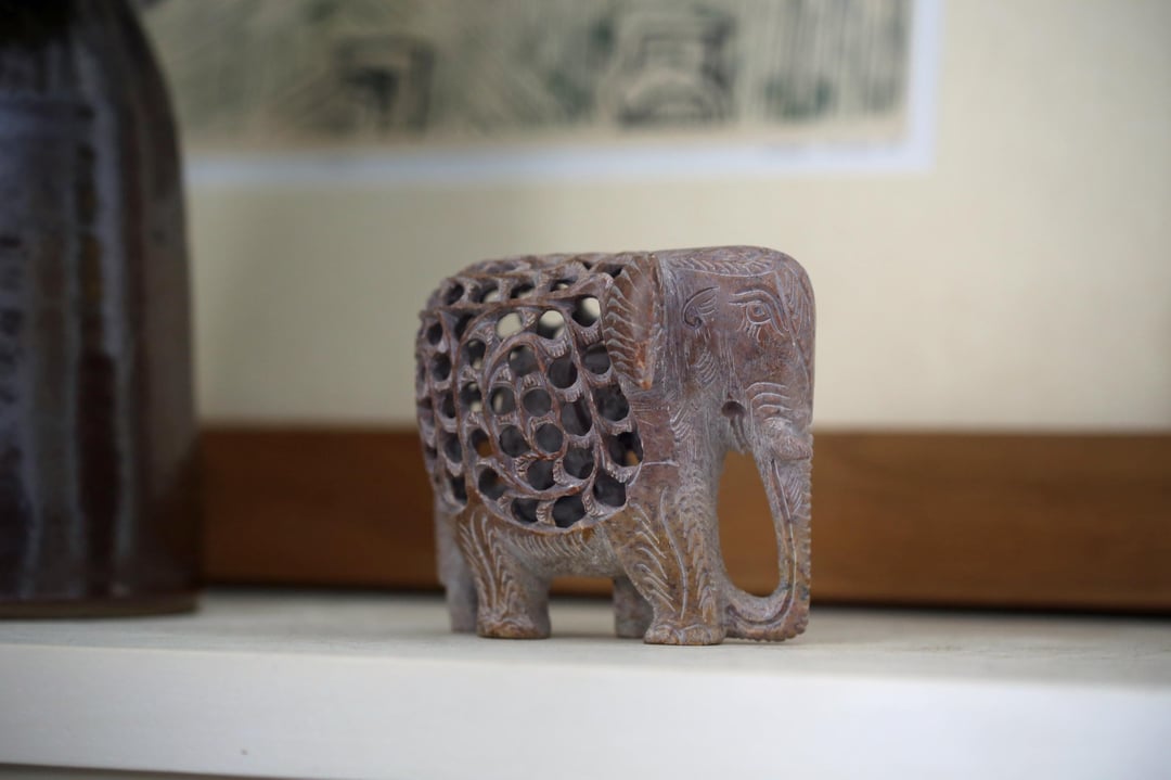 Vintage Hand-Carved Stone Elephant | Intricate Jali Latticework | Boho ...